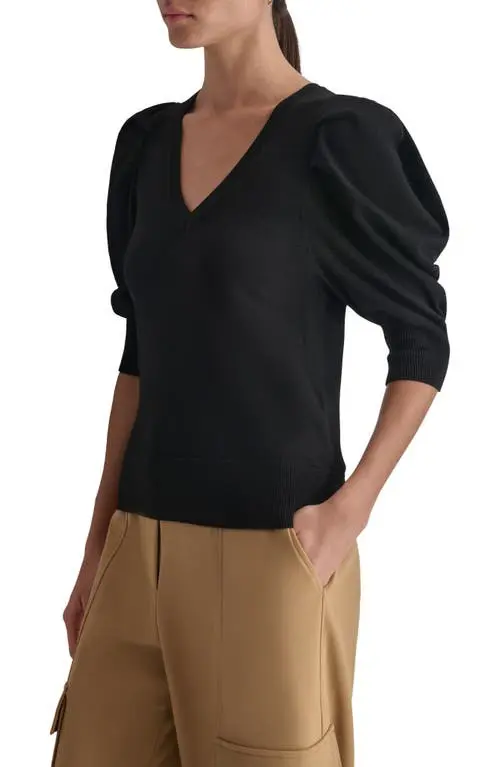 Dkny Puff Sleeve V-neck Sweater - Black
