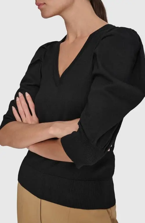 Dkny Puff Sleeve V-neck Sweater - Black