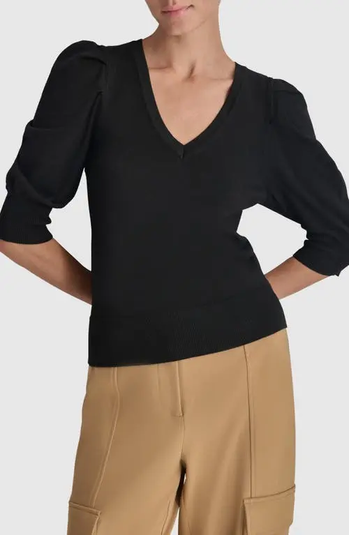 Dkny Puff Sleeve V-neck Sweater - Black