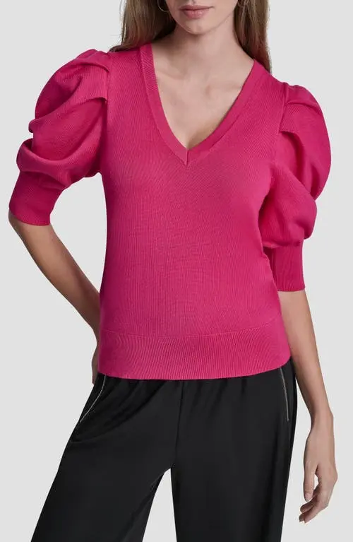 Dkny Puff Sleeve V-neck Sweater - Hot Pink