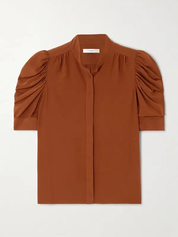 FRAME Gillian Ruched Silk-satin Blouse - Brown