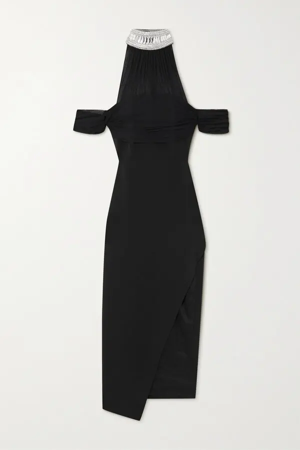 David Koma Cold-shoulder Stretch Tulle-trimmed Embellished Cady Midi Dress - Black