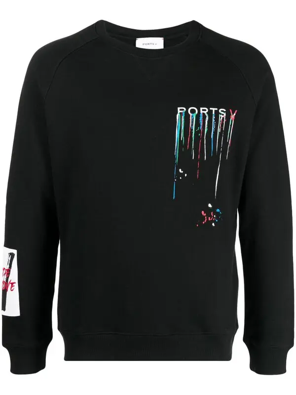 PORTS V Logo-print Paint-splatter Sweatshirt - Black
