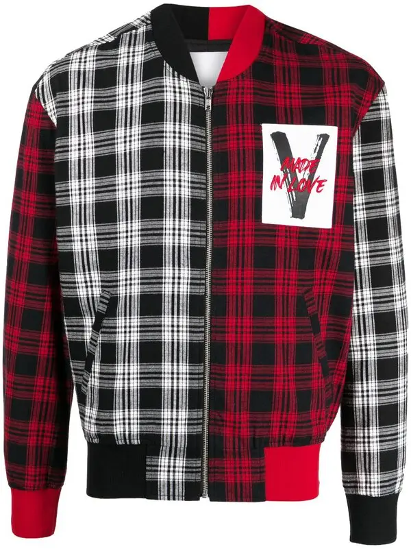 PORTS V Mix-plaid Cotton Bomber Jacket - Black