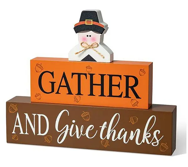 GLITZHOME 9.5l Thanksgiving Wooden Pilgrim Tab Le Block Sign - One-color