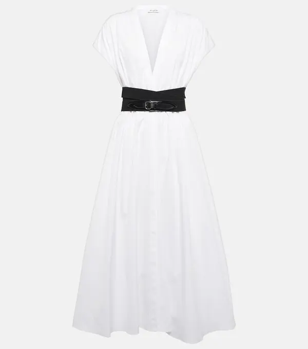 Alaïa Belted Cotton Poplin Midi Shirt Dress
