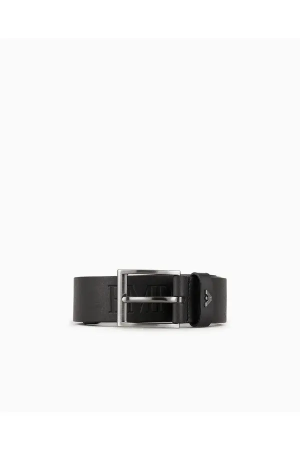 Emporio Armani Tumbled-leather Belt With Oversized Logo - Black