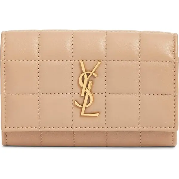 Saint Laurent Small Cassandre Matelassé Carré Leather Envelope Wallet - Dark Toffee