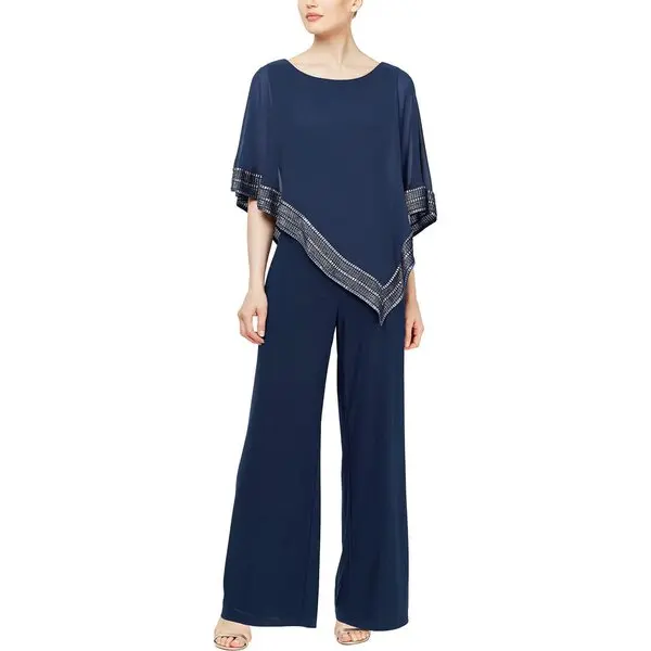 SL FASHIONS Asymmetrical Foil Trim Cape Jumpsuit - Navy/silver