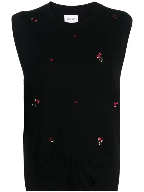 BARRIE Floral-embroidered Cashmere Top - Black