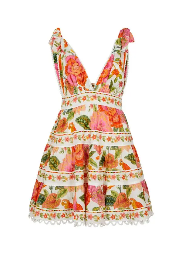 farm rio macaw bloom tie shoulder tiered mini dress FARM Rio Macaw Bloom Off-White Mini Dress