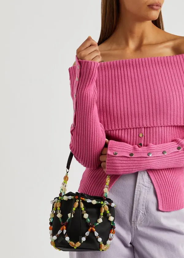 GANNI Bead-embellished Satin Bucket Bag