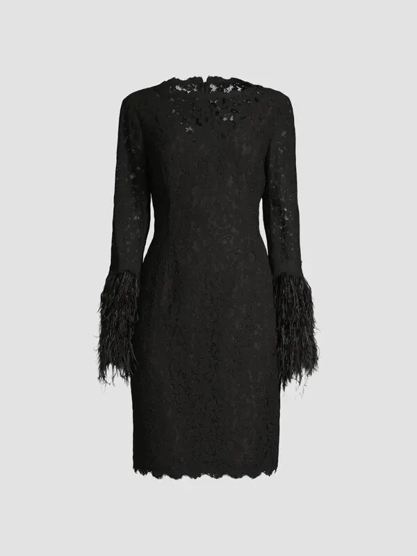 Shani Feather-trim Lace Sheath Dress