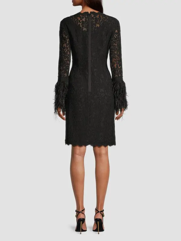 Shani Feather-trim Lace Sheath Dress