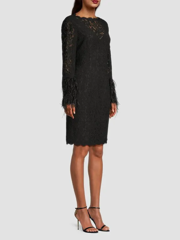 Shani Feather-trim Lace Sheath Dress