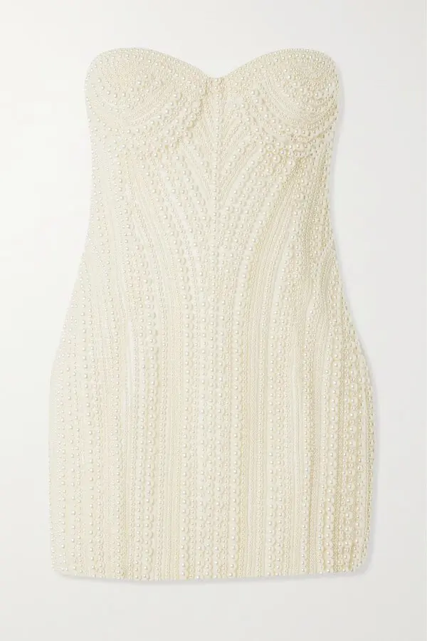 Retrofete Deema Strapless Faux Pearl-embellished Crepe Mini Dress
