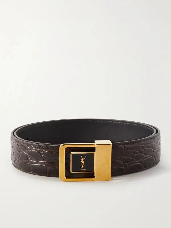 Saint Laurent 3cm Logo-embellished Croc-effect Leather Belt - Brown