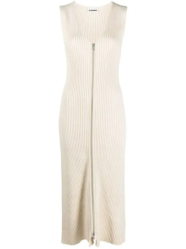 JIL SANDER V-neck Ribbed-knit Midi Dress
