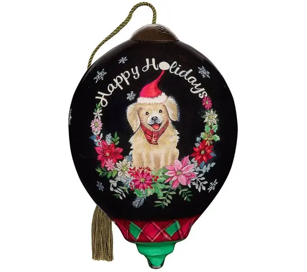 NE'QWA 3' Dog Wearing Santa Hat Framed In Wreat H Ornament - One-color