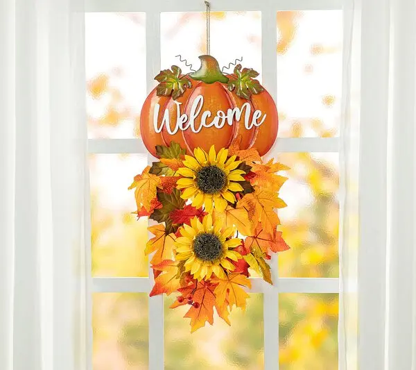 GLITZHOME 22.5h Fall Pumpkin & Sunflower Swag Wall Decor