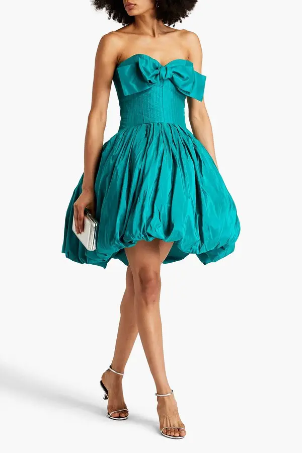 Oscar De La Renta Strapless Bow-Embellished Silk-Taffeta Mini Dress In Teal  - 85% Off | Editorialist