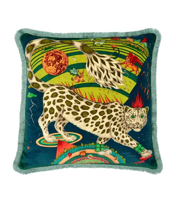 EMMA J SHIPLEY Velvet Snow Leopard Cushion - Green