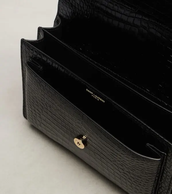 Saint Laurent Sunset Medium Croc-effect Shoulder Bag - Black