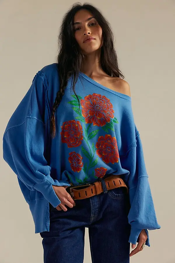 Free People We The Free Graphic Camden Pullover - Swedish Blue Combo Flower