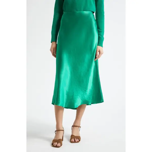 Vince Bias Cut Satin Midi Skirt - Emerald