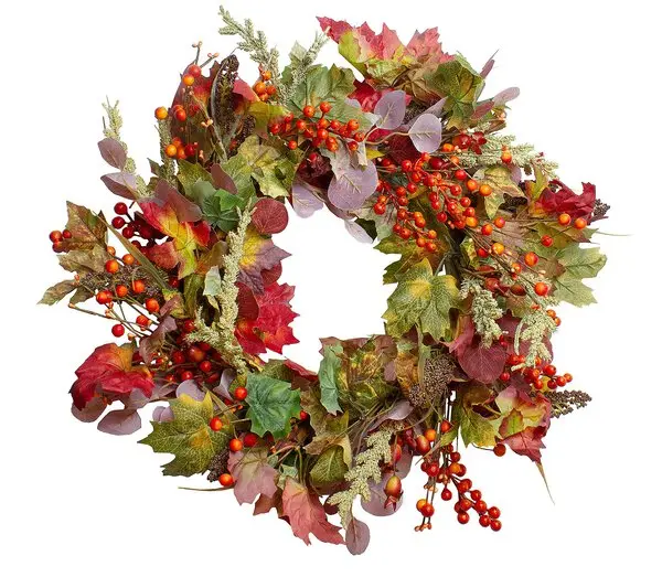 NORTHLIGHT Leaves & Berries Fall Harvest Wreath 20 - One-color