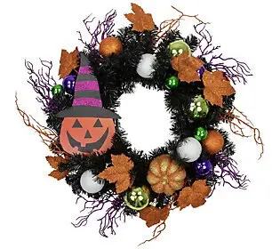 NORTHLIGHT Jack-o'-lantern In Witches Hat Hallo Ween Wreath 24 - One-color