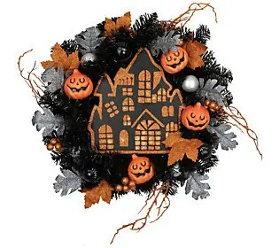 NORTHLIGHT Orange & Black Haunted House Hallowe En Wreath 24 - One-color