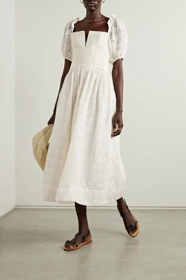 The Great. The Primrose Broderie Anglaise Cotton Midi Dress In Cream - 70%  Off | Editorialist