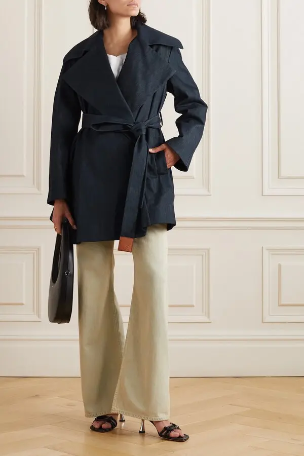 Loewe Trapeze Belted Leather-Trimmed Denim Trench Coat In Blue