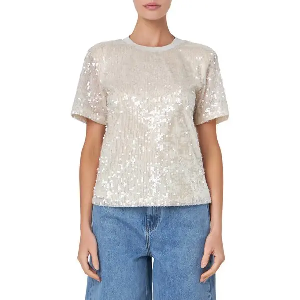 GREY LAB Sequin Top With Padded Shoulders - Nude Pink