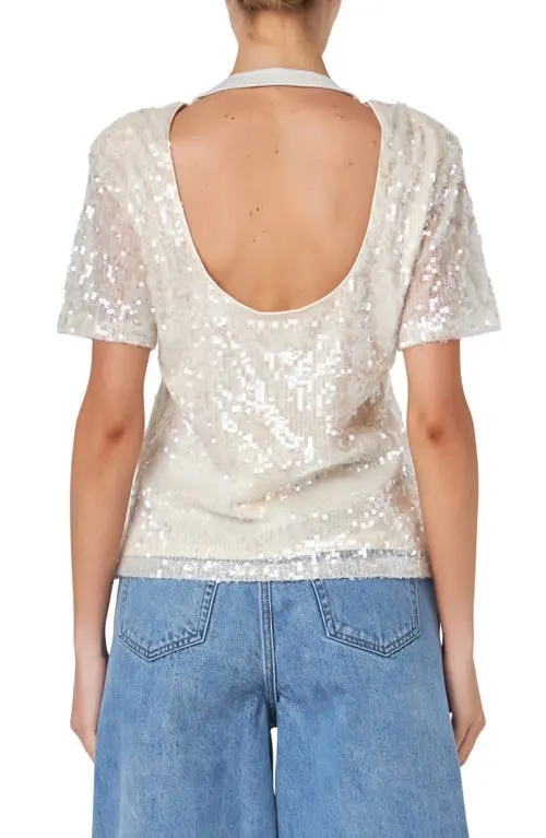 GREY LAB Sequin Top With Padded Shoulders - Nude Pink