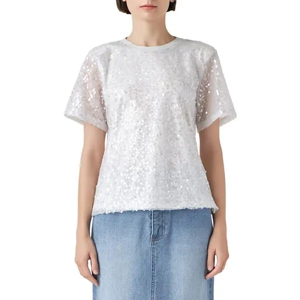 GREY LAB Sequin Padded Shoulder Back Cutout Top - White