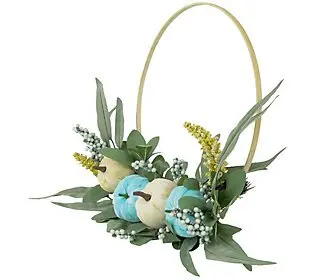 NORTHLIGHT Blue Pumpkins & Foliage Thanksgiving Half Wreath