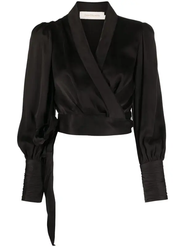 Zimmermann Cropped Silk Wrap Top - Black