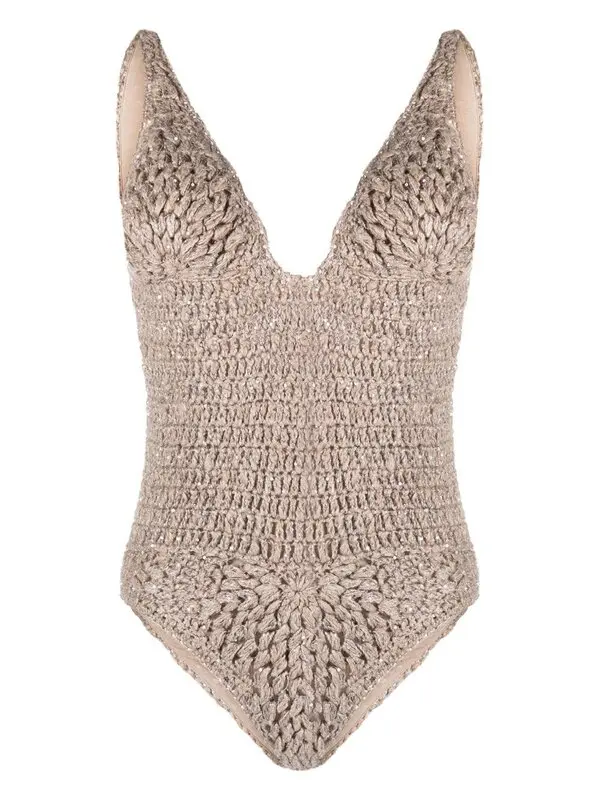 Brunello Cucinelli Crochet-knit U-neck Swimsuit - Brown