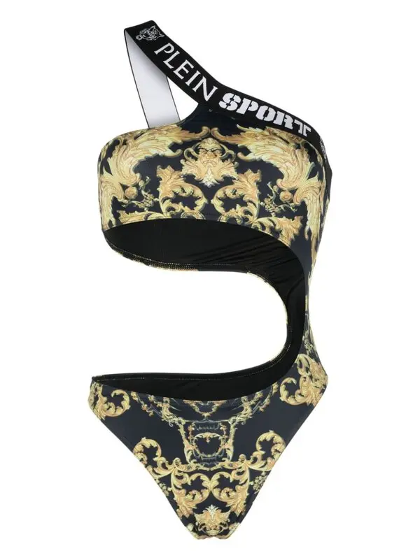PLEIN SPORT Baroque-print One-shoulder Swimsuit - Black