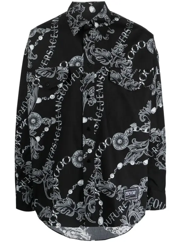 Versace Chain Couture-print Cotton Shirt - Black