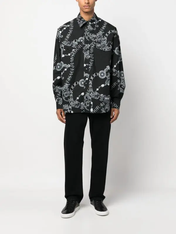 Versace Chain Couture-print Cotton Shirt - Black