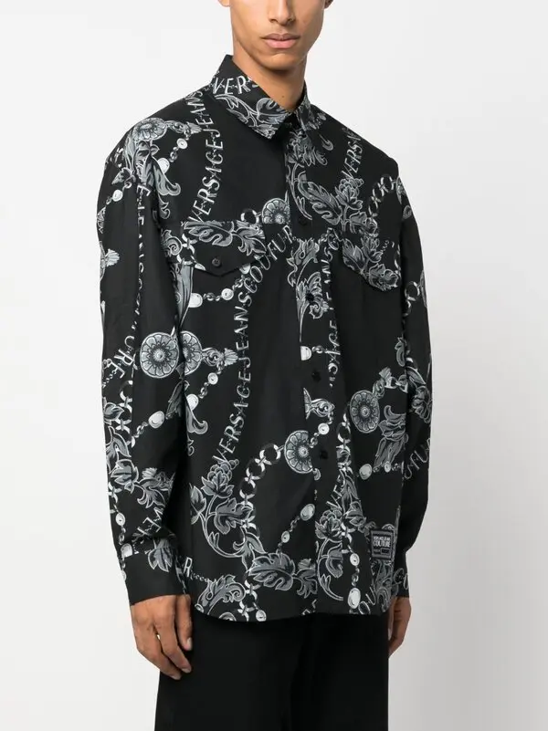 Versace Chain Couture-print Cotton Shirt - Black