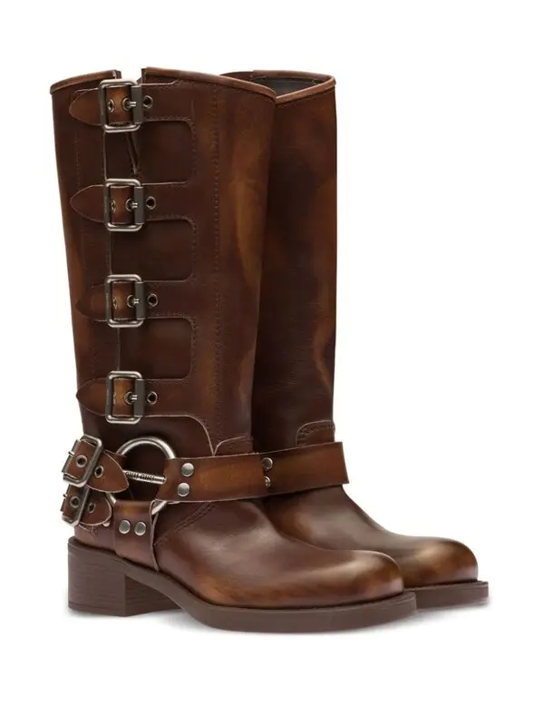 Miu Miu Buckle-detail Leather Mid-calf Boots - Brown