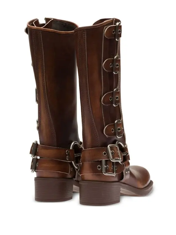 Miu Miu Buckle-detail Leather Mid-calf Boots - Brown