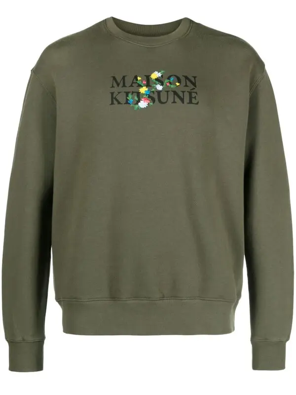 Maison Kitsuné Floral-embroidered Cotton Sweatshirt - Green