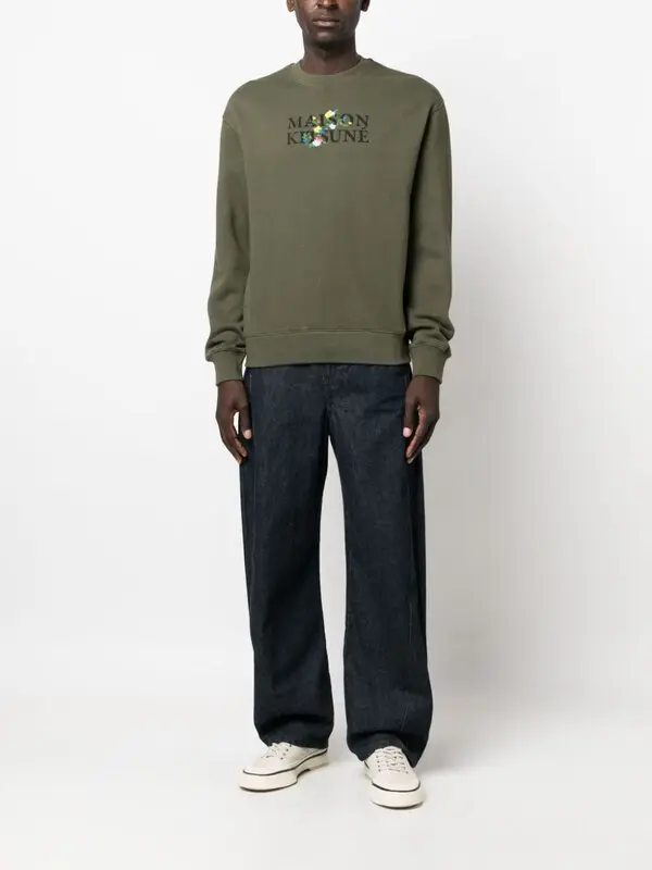 Maison Kitsuné Floral-embroidered Cotton Sweatshirt - Green