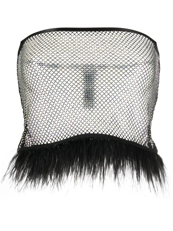 Patrizia Pepe Feather-trim Rhinestone Mesh Top - Black