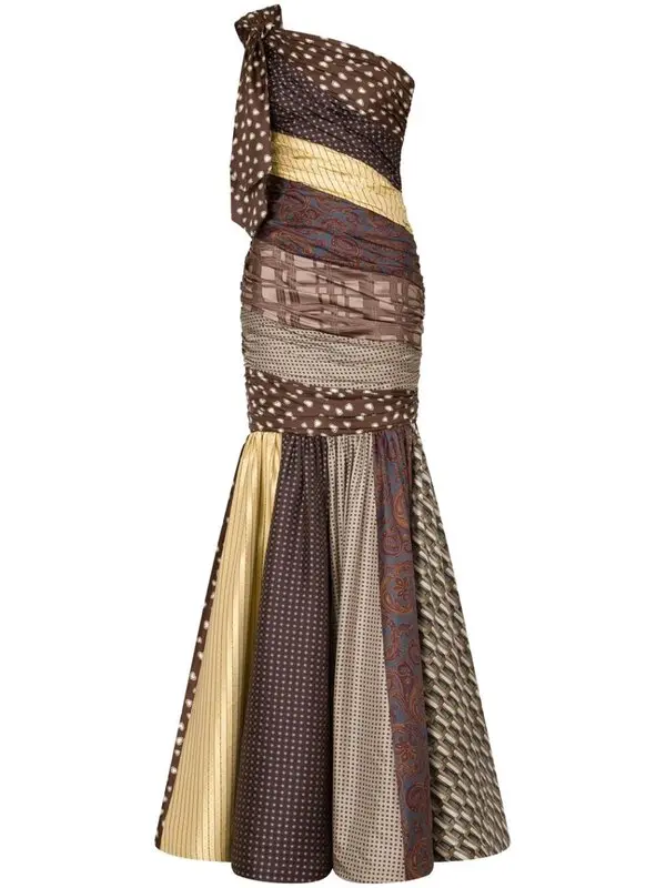 Moschino Patchwork-design One-shoulder Dress - Brown